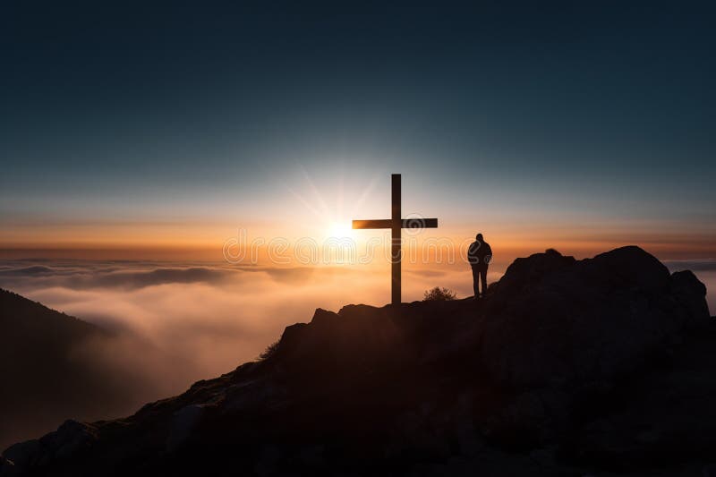 Silhouette of a Christian Cross and Man on a Mountain Top with Sunset ...