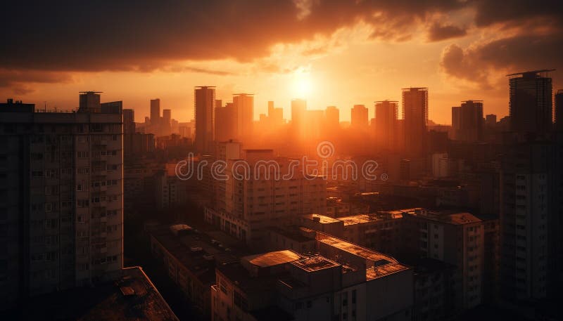 Silhouette of City Skyline at Dusk, Backlit Generated by AI Stock ...
