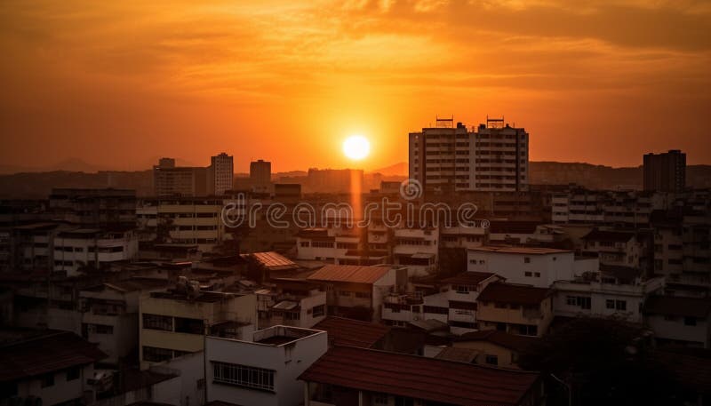 Silhouette of City Skyline at Dusk, Backlit by Orange Sunset Generated ...
