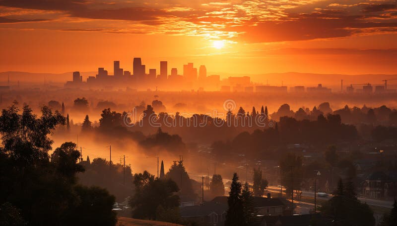 Silhouette of City Skyline at Dusk, Backlit by Sunset Generated by AI ...
