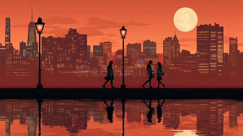 Silhouette Cityscape Night Walk Stock Image - Image of lake, calm ...