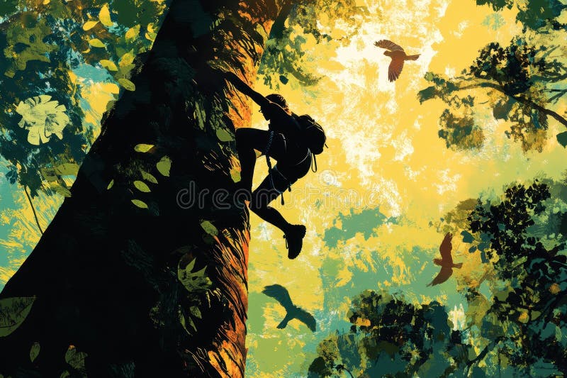 Silhouette of a Climber Ascending a Tree in a Forest Stock Illustration ...