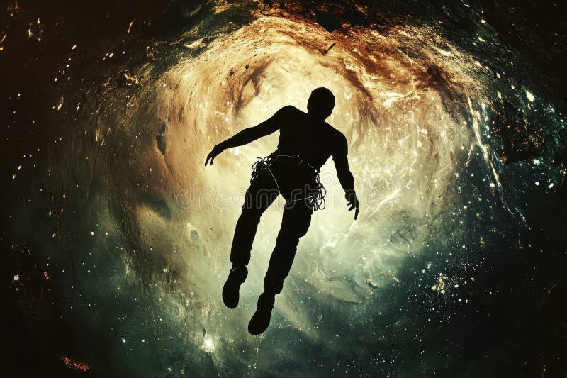 Silhouette of a Climber Falling into a Cosmic Abyss Stock Illustration ...
