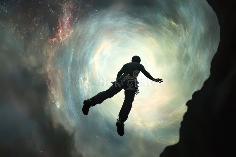 Silhouette of a Climber Falling into a Cosmic Vortex Stock Illustration ...