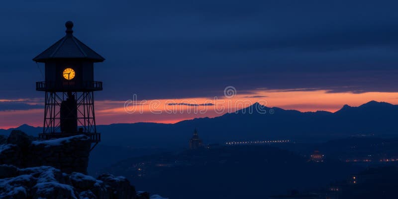 Silhouette of a Clock Tower Against a Sunset Sky Stock Illustration ...
