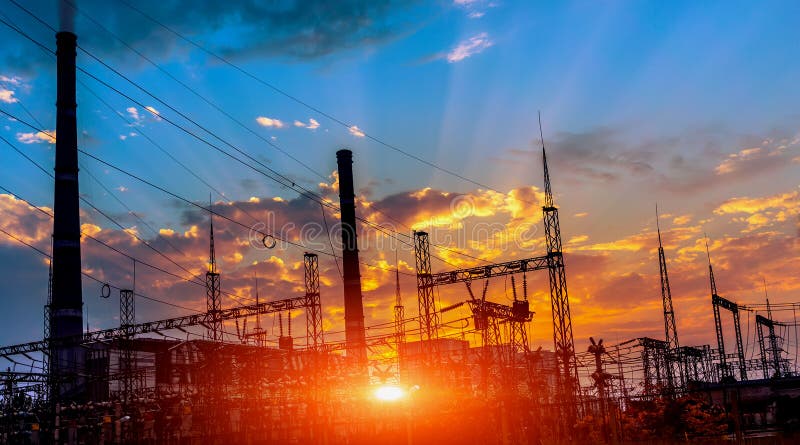 Silhouette of Coal Electric Power Plant on the Background of a ...