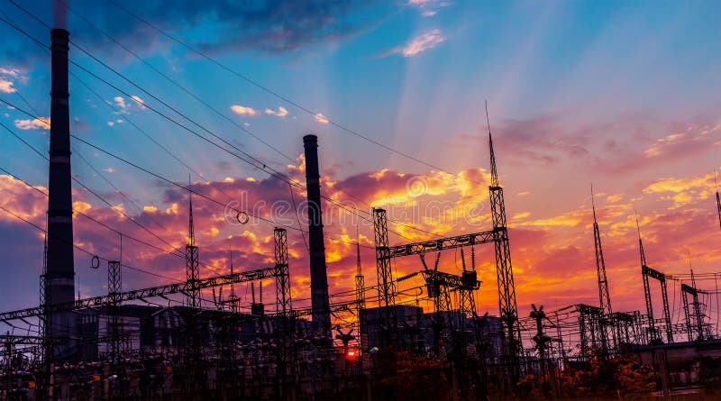 Silhouette of Coal Electric Power Plant on the Background of a ...