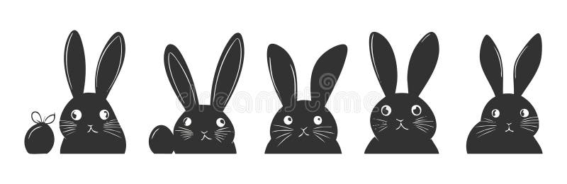 Silhouette Collection of Cute Cartoon Rabbits and Bunny Faces in a Row ...