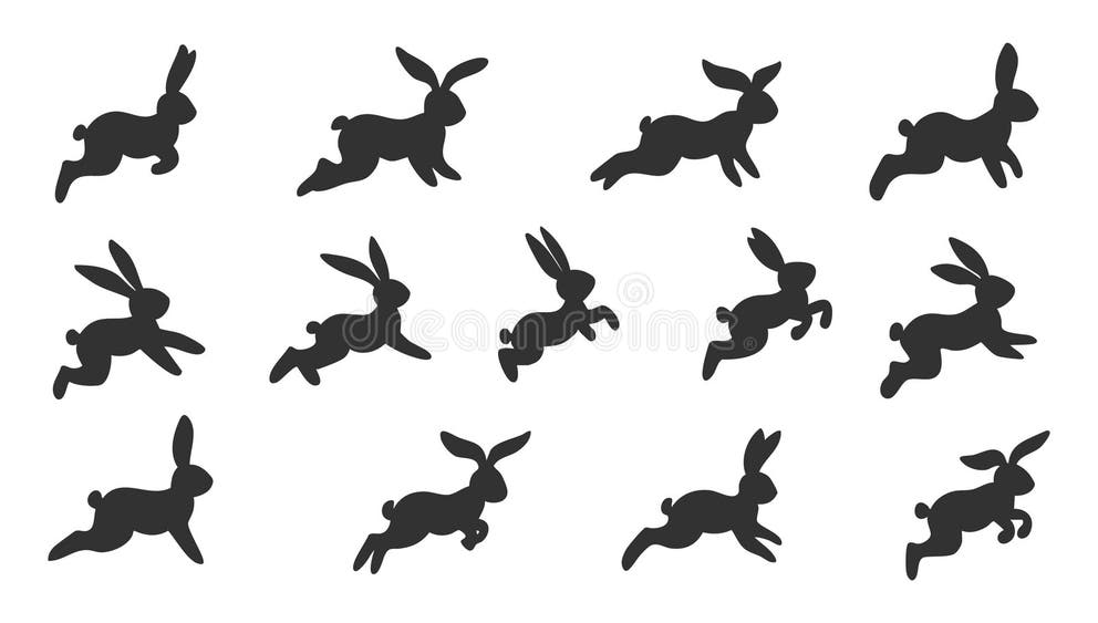 Silhouette Collection of Hopping Rabbits in Various Dynamic Poses Stock ...