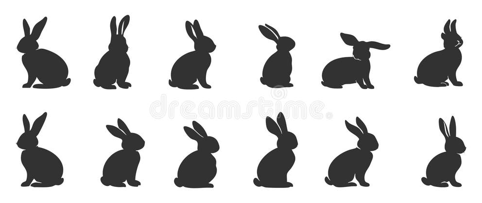 Silhouette Collection of Various Rabbit Poses in Profile View Stock ...