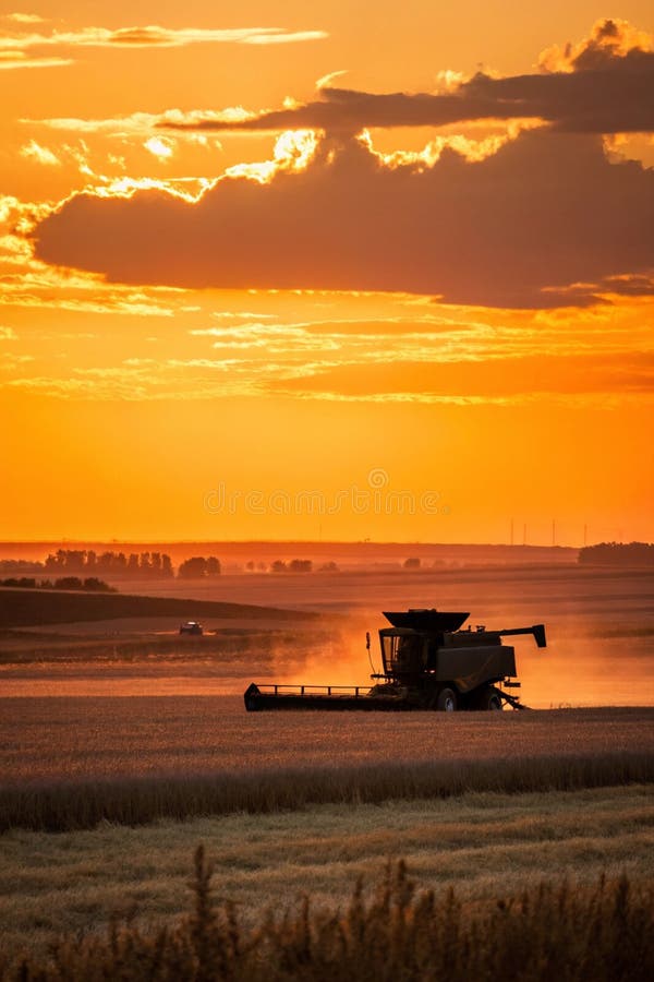 Silhouette of a Combine Working in a Field with Orange Sun and Sky and ...