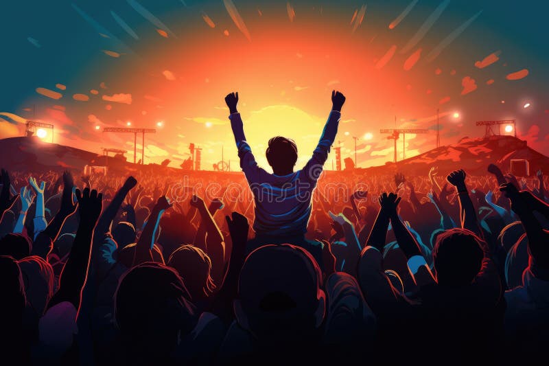 Silhouette of a Concert Crowd at Sunset. Vector Illustration, Cheering ...