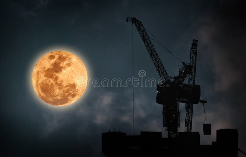 Silhouette Construction Crane at Night and Full Moon Stock Photo ...