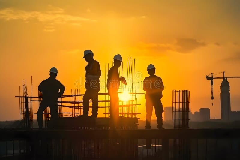 Silhouette of Construction Engineer and Workers at Sunset. Generative ...