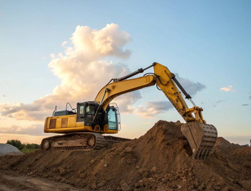 Photo of a Large Construction Backhoe on a Pile of Rocks at a ...
