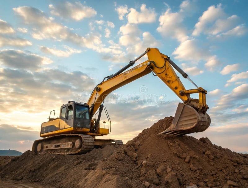 Photo of a Large Construction Backhoe on a Pile of Rocks at a ...