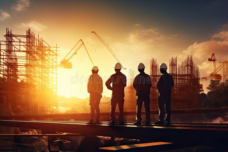 Silhouette of Construction Team with Engineer Working at Site Stock ...