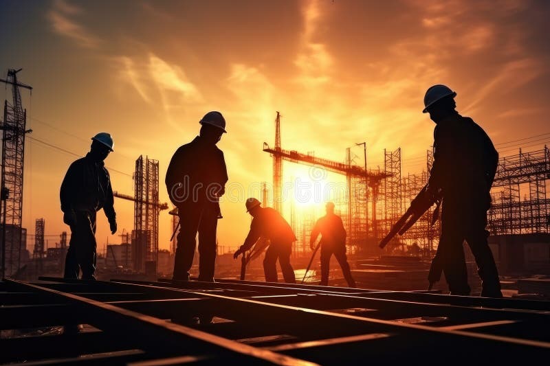 Silhouette Construction Work during Sunset Time Industry Construction ...