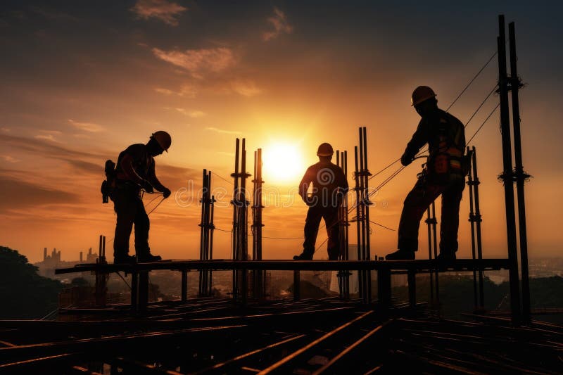 Silhouette Construction Work during Sunset Time Industry Construction ...
