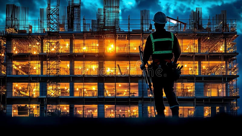 Silhouette of Construction Worker Against Brightly Lit Building at ...