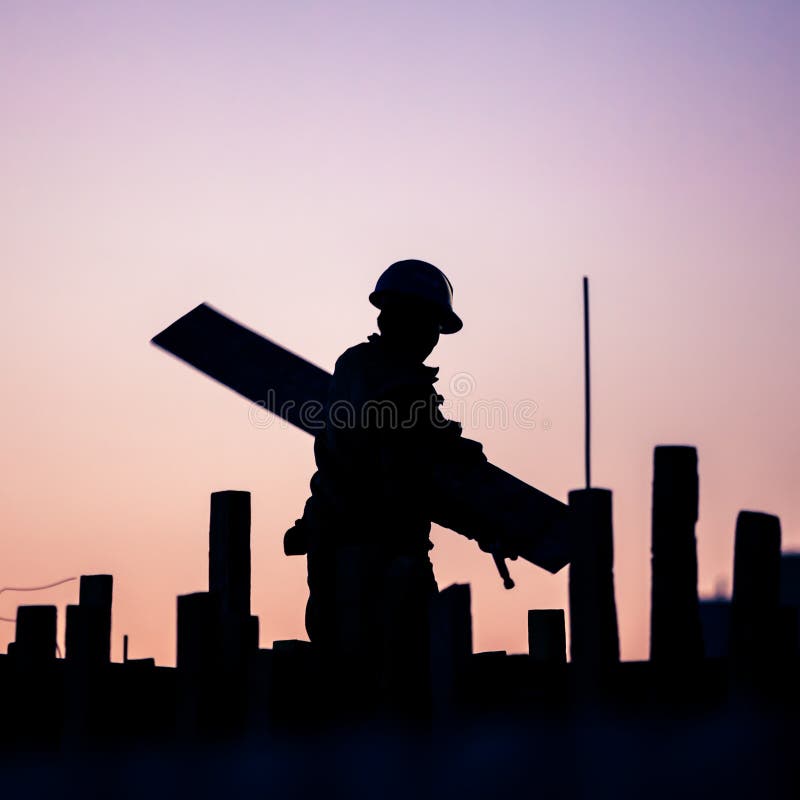 Silhouette of Construction Worker Stock Image - Image of concrete ...