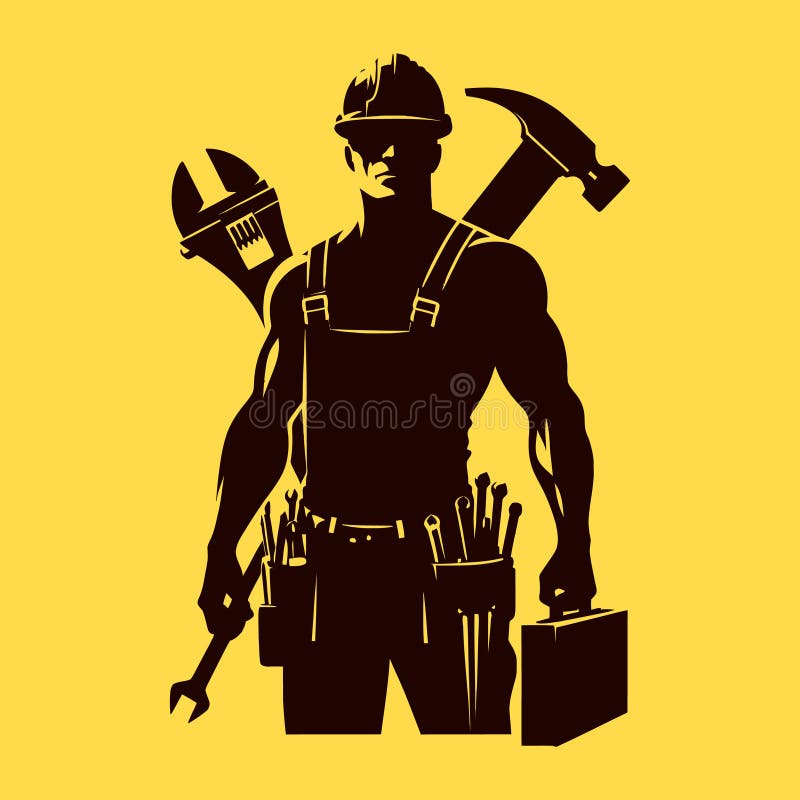 Silhouette of a Construction Worker with Tools. Builder Man Vector ...