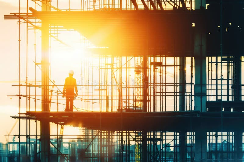 Silhouette of Construction Workers on the Construction Site at Sunset ...