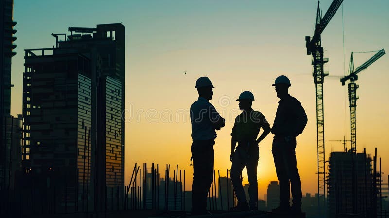 Silhouette of Construction Workers Standing on a Building during Sunset ...