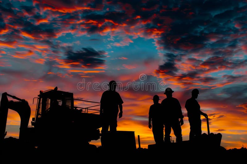 Silhouette of Construction Workers Working on Site with Machinery ...