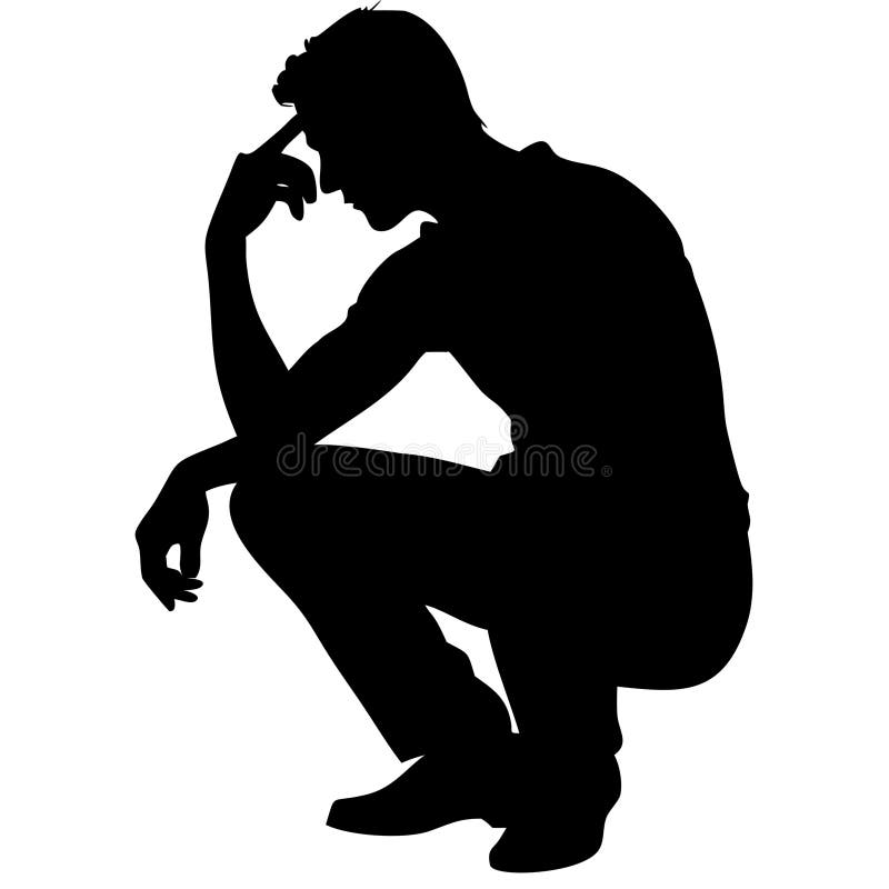 Silhouette of Contemplative Man Crouching for Thinking Concept Art and ...