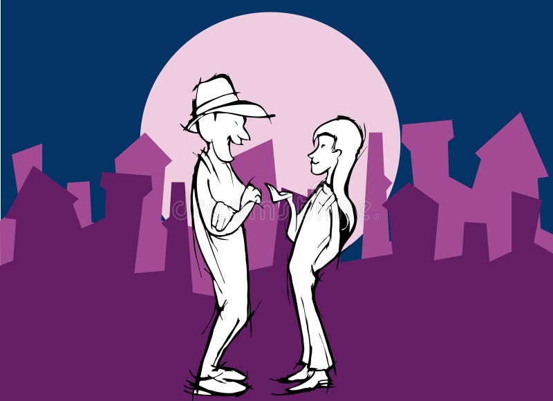 Tourist Couple, City Moon and Night Cartoon Stock Illustration ...