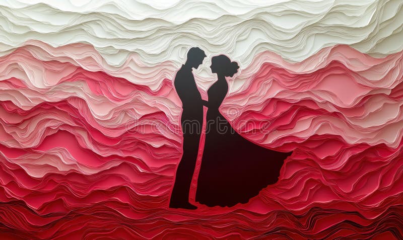 Silhouette of Couple Dancing Against Textured Red and White Layered ...