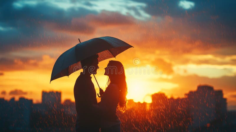 Silhouette Couple Embracing Under Umbrella during Sunset Rain Stock Illustration - Illustration ...