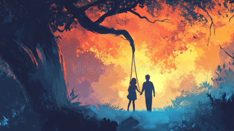 Silhouette Couple Holding Hands, Walking Towards a Sunset with a Tree ...