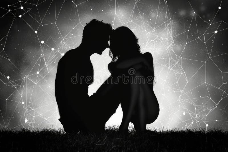 Silhouette of a Couple in Intimate Pose Against Starry Night Sky Stock ...