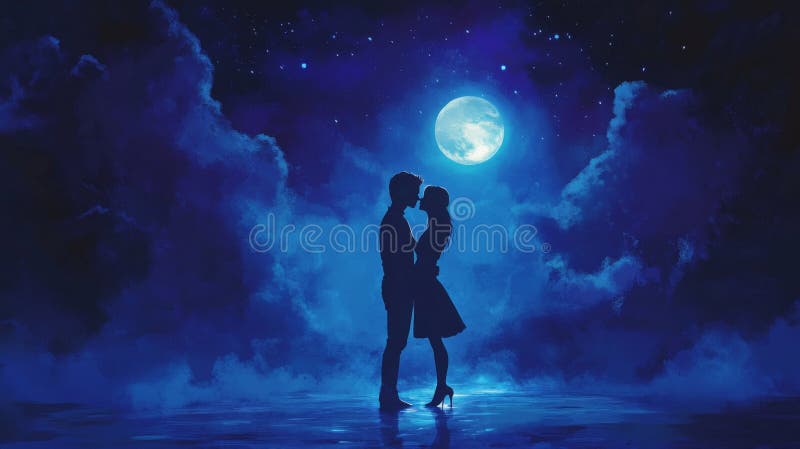 Silhouette Couple Kissing Underneath a Full Moon Stock Illustration ...
