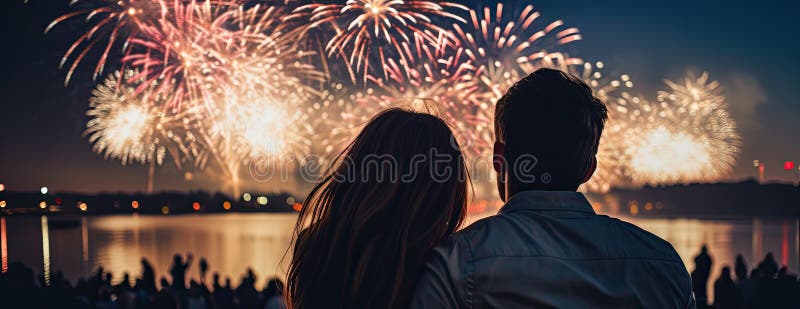 Silhouette of a Couple in Love Looking Beautiful Fireworks in the Night ...