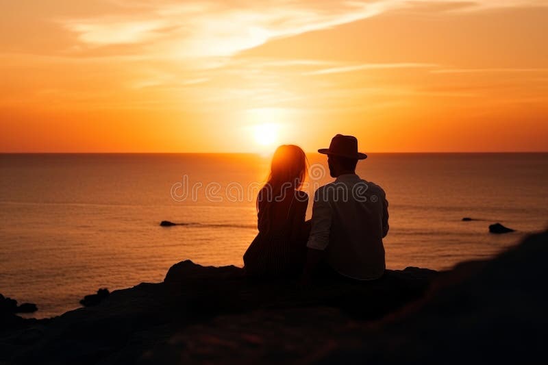 Silhouette of Couple Lovers Watching Sun at Sunset on the Beach. AI ...