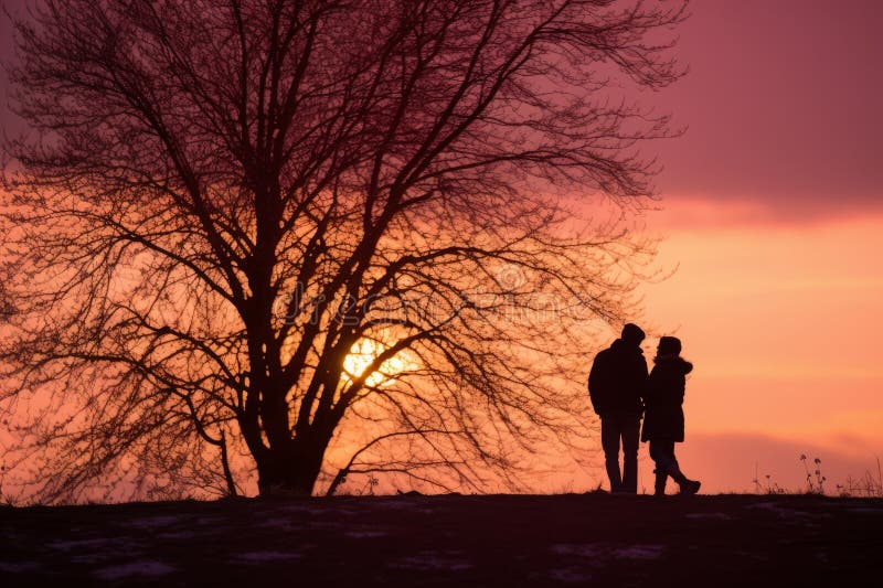 Silhouette Of A Couple Standing In Front Of A Tree At Sunset Stock
