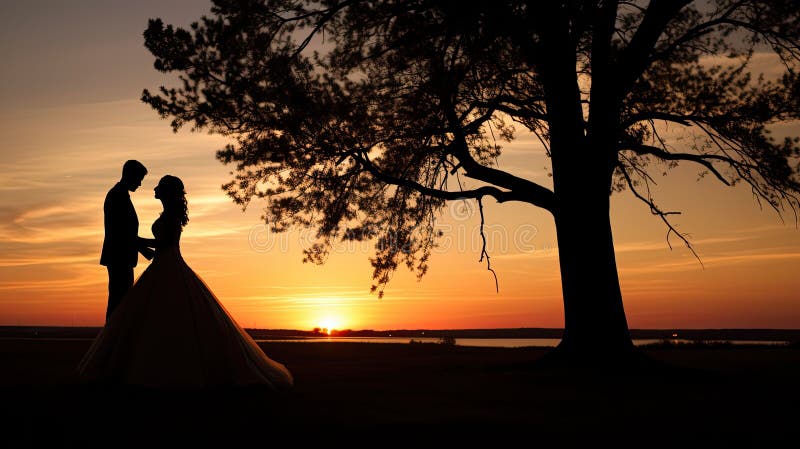 Silhouette of a Couple by a Tree at Sunset, Romantic Wedding Concept ...