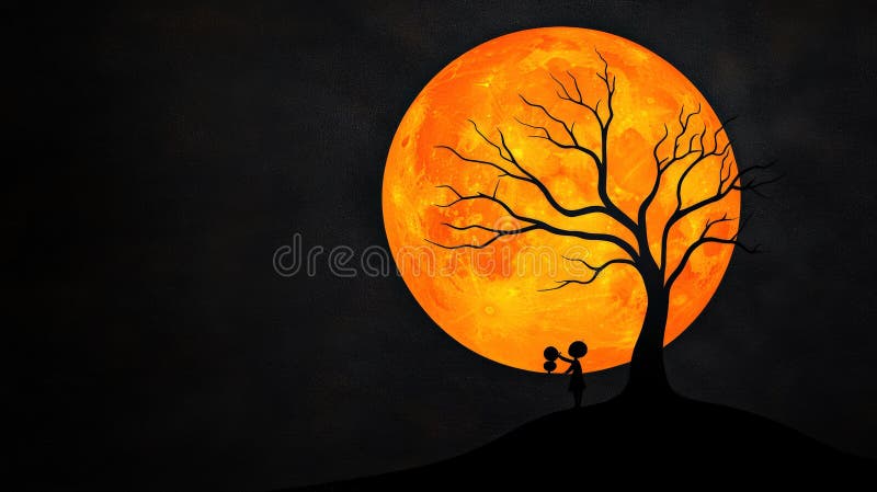 Silhouette of a Couple Under a Big Orange Moon with a Barren Tree Stock ...