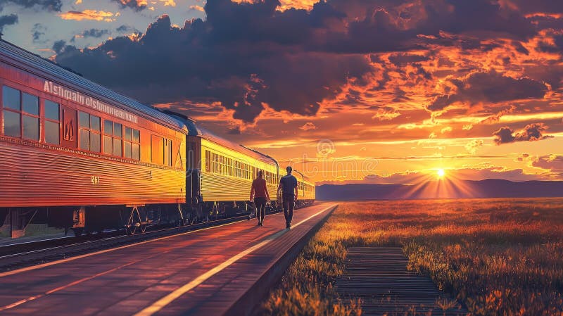 Silhouette of Couple Walking Away from Train at Sunset Stock ...