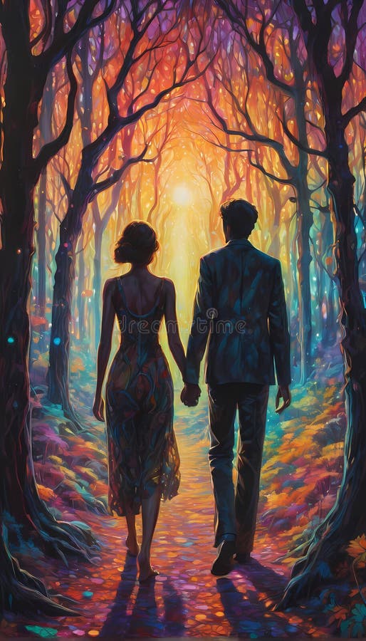 Silhouette of a Couple Walking Hand-in-hand through a Forest, the Trees ...