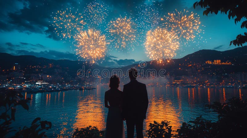 Silhouette of Couple Watching Fireworks Over Cityscape Stock ...