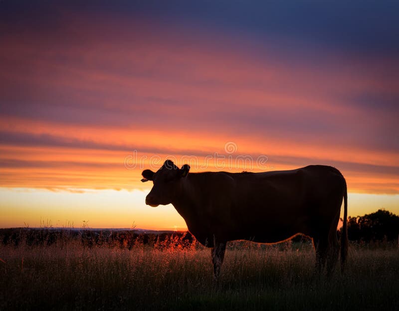Silhouette of a Cow at Dusk in a Field, with a Vivid Sunset Creating a ...