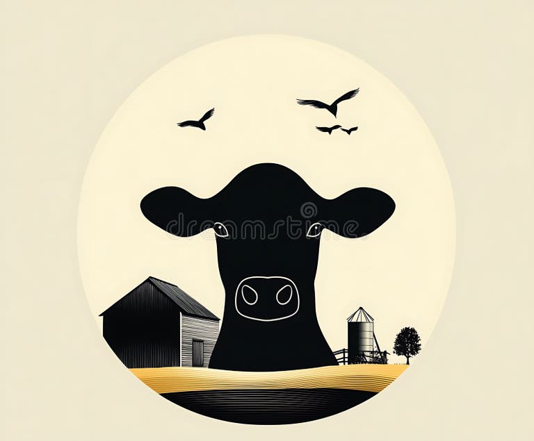 Silhouette of a Cow S Head Centered in a Circular Design. a Barn and ...