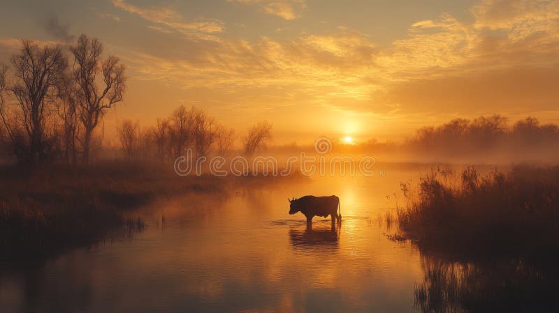 Silhouette of a Cow Standing in a Misty River at Sunset Stock ...