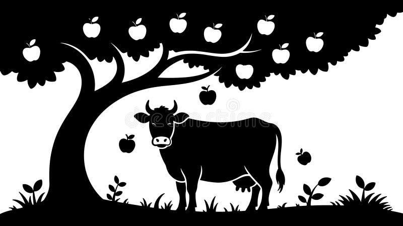 Silhouette of a Cow Standing Under a Fruit-bearing Apple Tree with ...