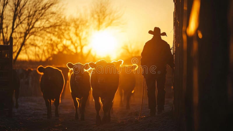 Silhouette of a Cowboy Herding Cattle at Sunset Stock Illustration ...