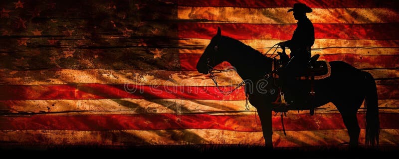 A Silhouette of a Cowboy on Horseback Against a Rustic American Flag ...